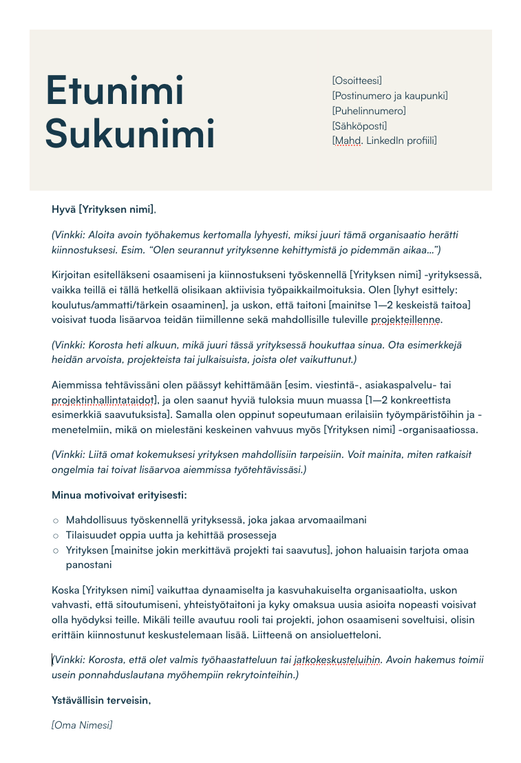 Harjoittelupaikka hakemus pohja englanniksi ilmaiseksi pdf-muodossa ...